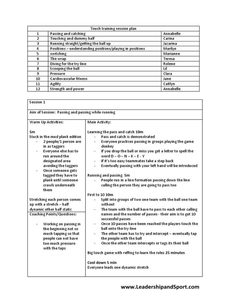 Touch Training Session Plan Overview | PDF | Sports | Team Sports