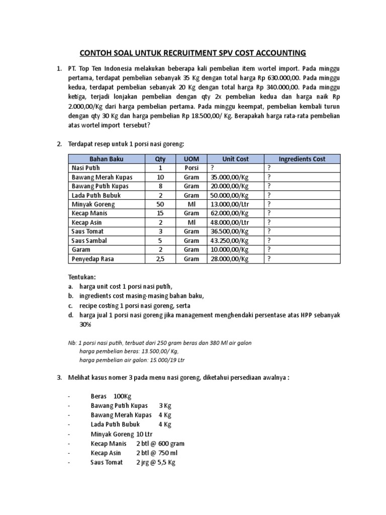 Contoh Soal Untuk Recruitment SPV Cost Accounting | PDF