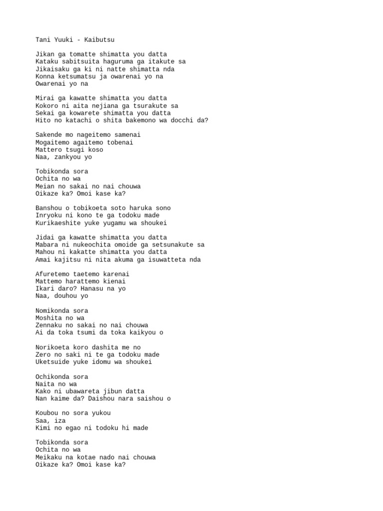 Tani Yuuki - Kaibutsu Romaji Lyrics | PDF