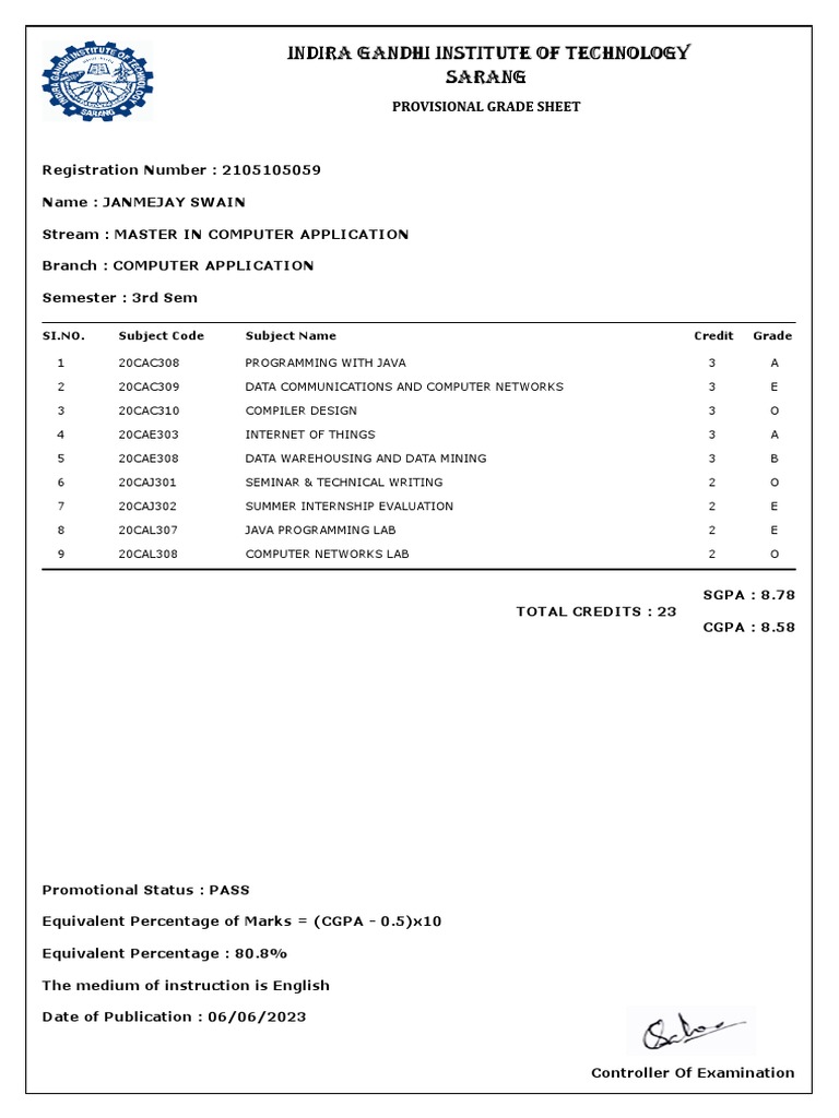 MCA 3rd Sem Gradesheet | PDF