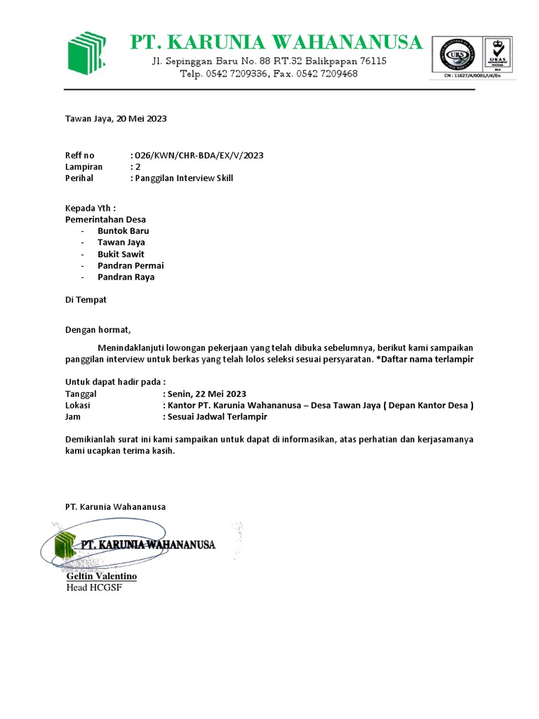 Surat Panggilan Interview Skill - 22 Mei 2023 Karunia Wahananusa | PDF