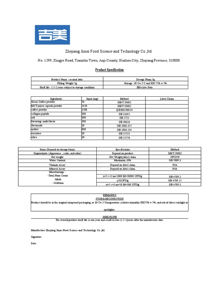 Product Specification - Coconut Latte | Download Free PDF | Food And ...