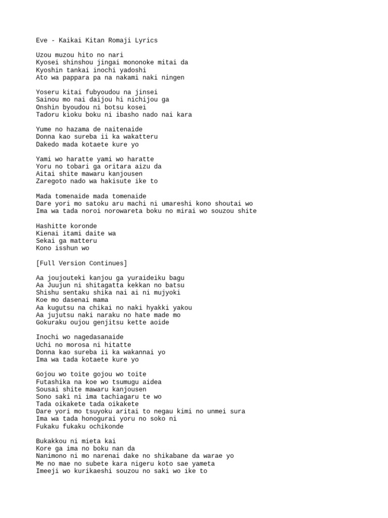 Eve - Kaikai Kitan Romaji Lyrics | PDF | Foreign Language Studies