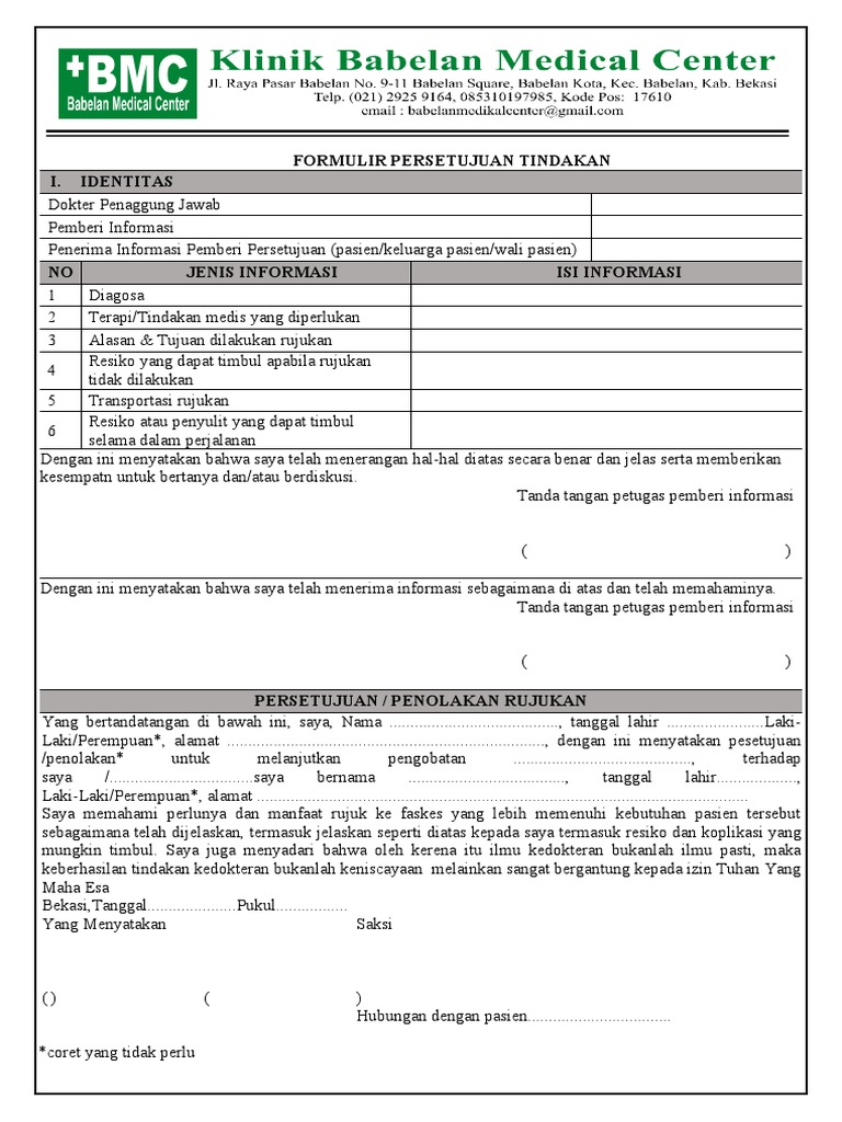 Form Persetujuan Tindakan Kedokteran BMC | PDF