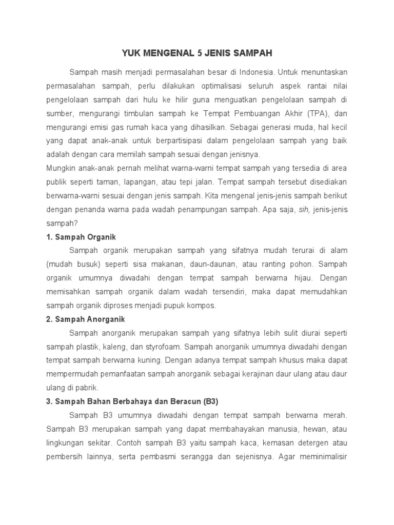 Yuk Mengenal 5 Jenis Sampah | PDF