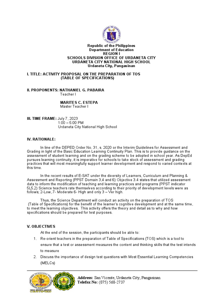 Lac Table of Specifications | PDF | Learning | Teachers