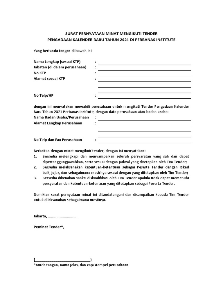 Surat Pernyataan Minat Tender 2021 | PDF