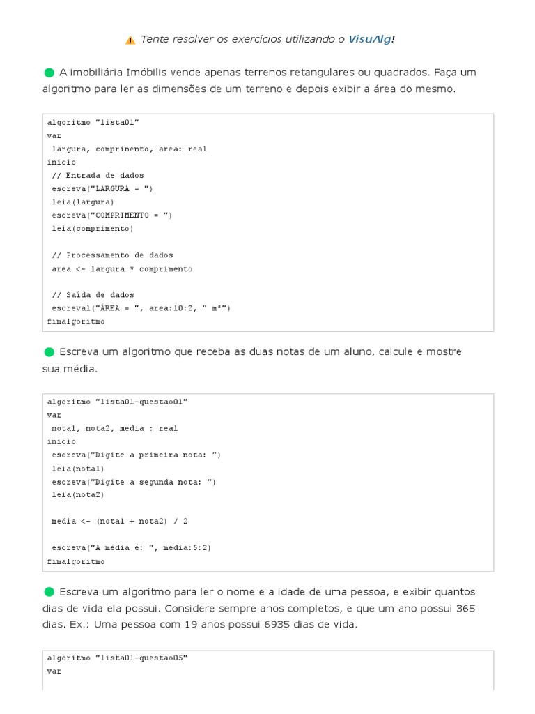 "VisuAlg - Exercícios de Estruturas Sequenciais" | PDF | Algoritmos ...