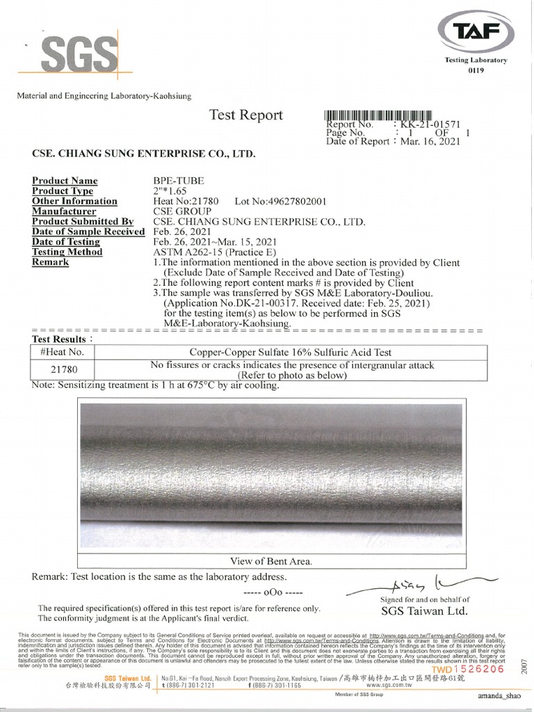 BPE Tube ASTN A262-15 Practice E Test Report | PDF