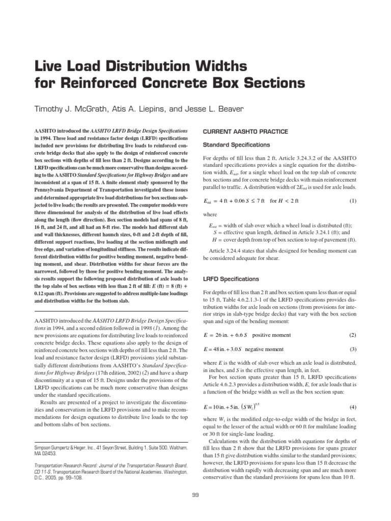 Live Load Distribution Widths For Reinforced Concrete Box Sections ...