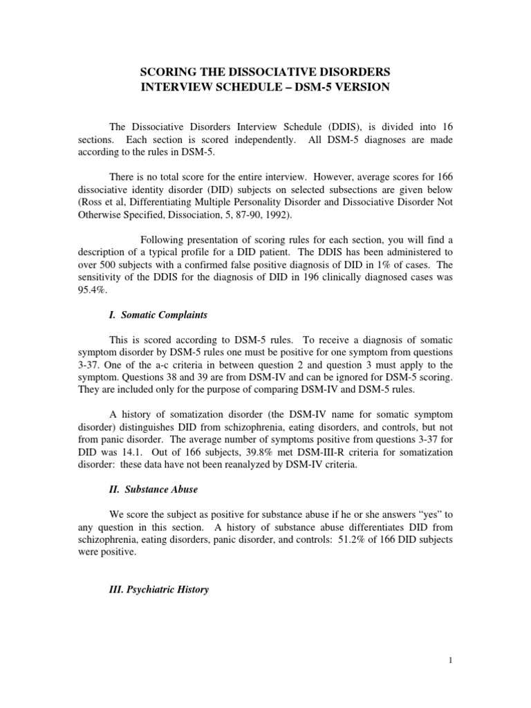 Scoring the DDIS for DSM-5 Diagnoses | PDF | Dissociation (Psychology) | Diagnostic And ...