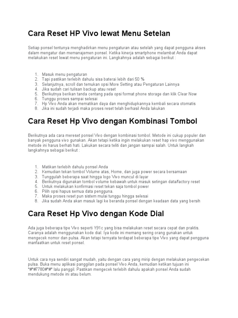 Cara Reset HP Vivo Lewat Menu Setelan | PDF | Bisnis
