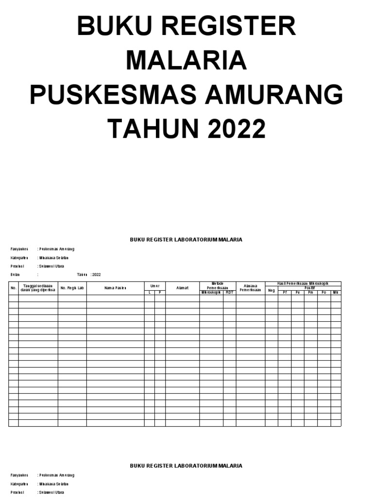 Buku Register Laboratorium Malaria 2022 | PDF