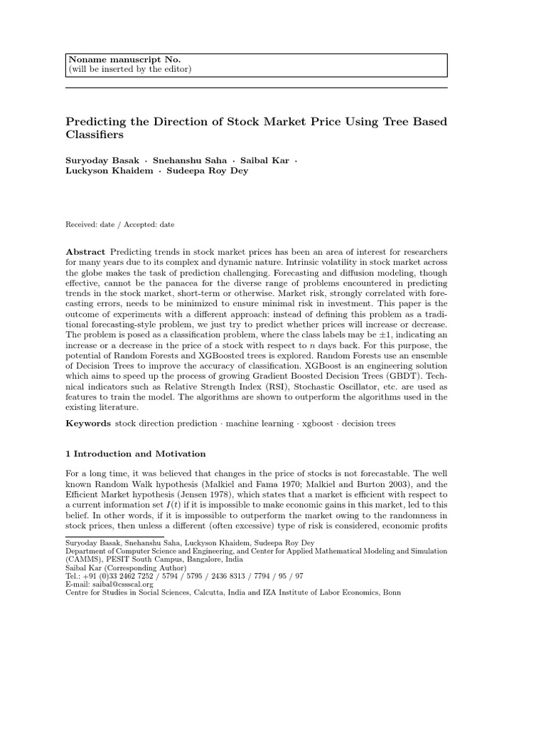 Predicting The Direction Of Stock Market Prices Using Tree Based Pdf Support Vector Machine