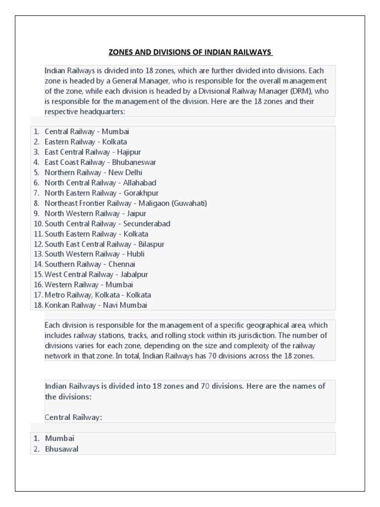 Zones and Divisions of Indian Railways | PDF | Rail Transport | Transport