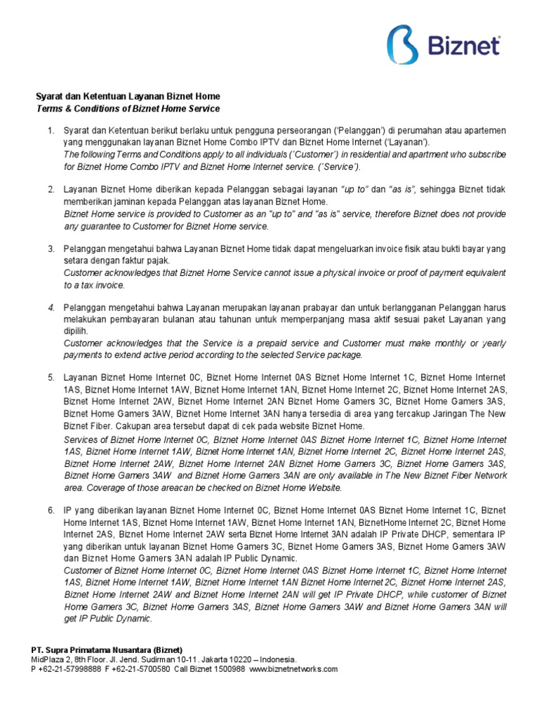 Biznet Home Syarat Dan Ketentuan 2022 | PDF | Pengelolaan Keuangan & Uang