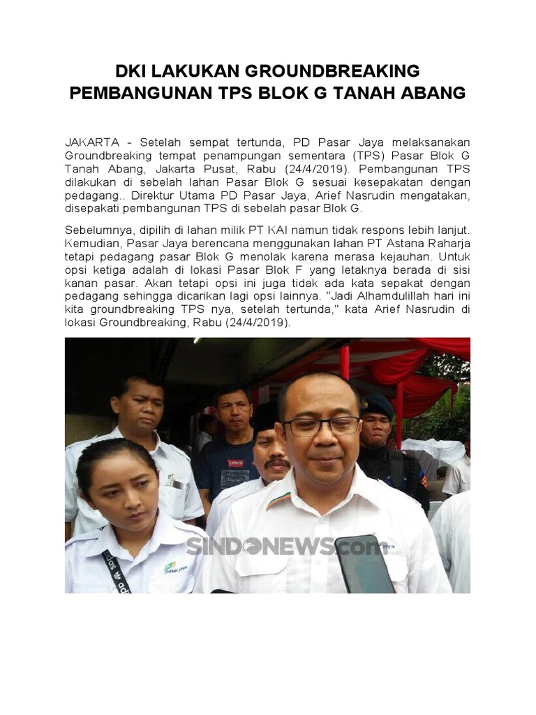 Dki Lakukan Groundbreaking Pembangunan TPS Blok G Tanah Abang | PDF