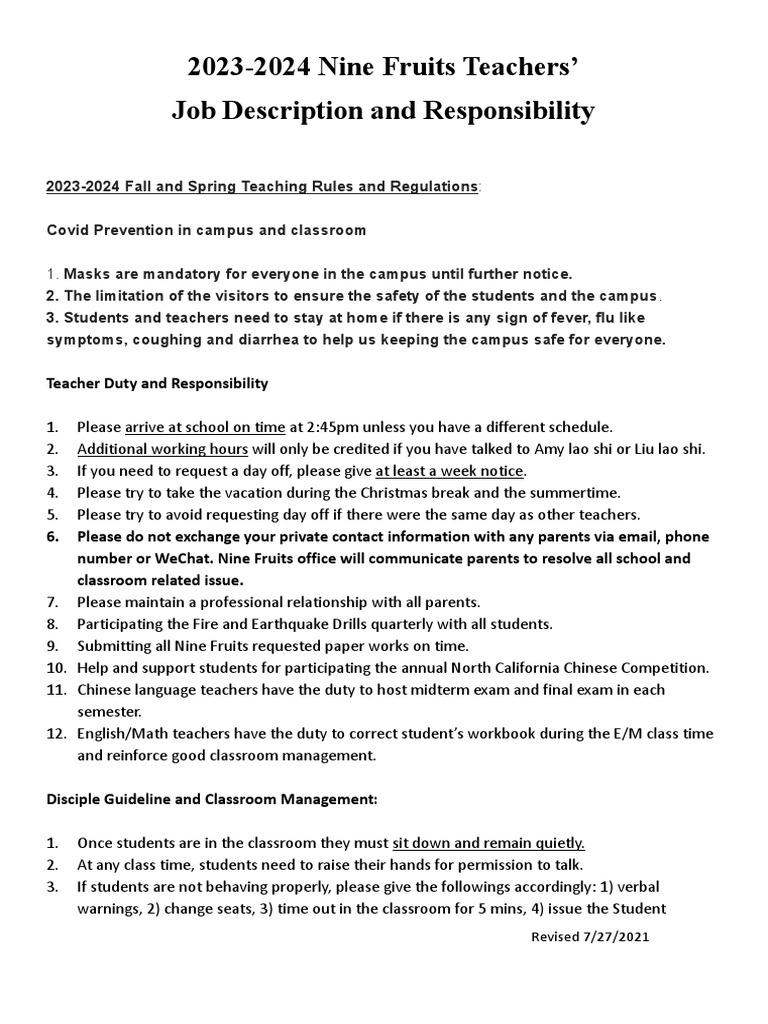 2023-2024 Teachers Job Description and Responsbility | PDF | Classroom ...