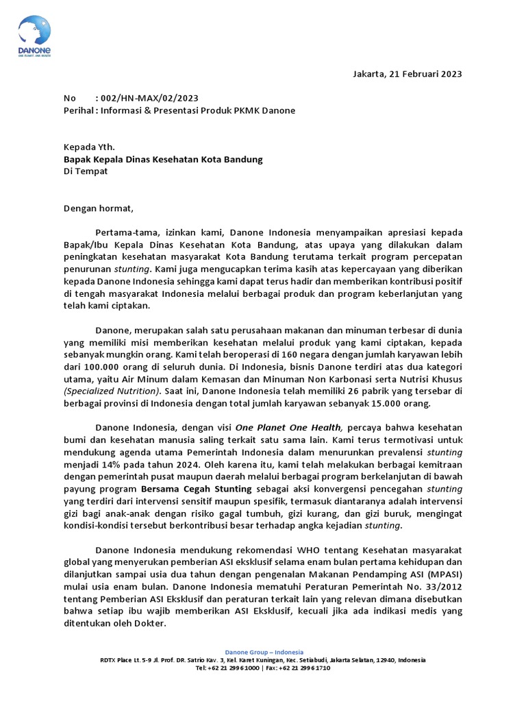 001 Surat Informasi Produk PKMK Danone - Kepala Dinas Kesehatan Kota Bandung | PDF