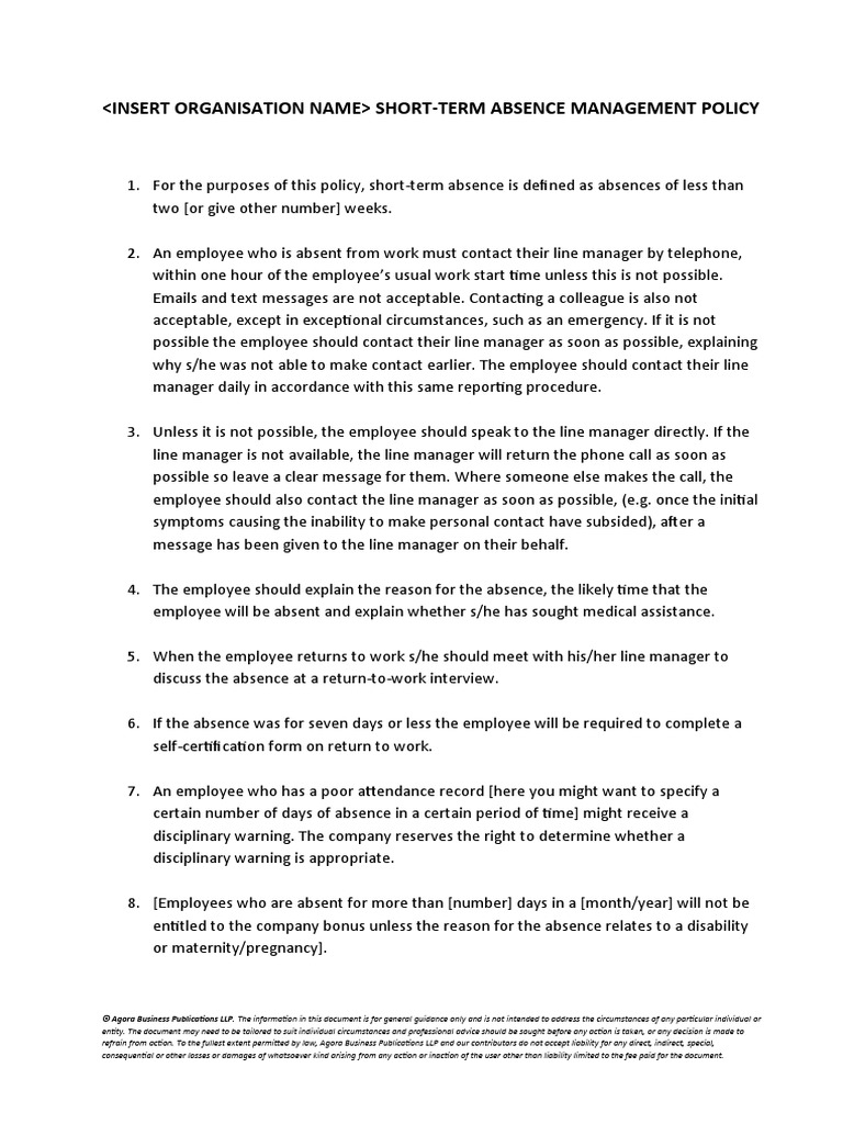 Short Term Absence Management Policy | PDF | Employment | Business