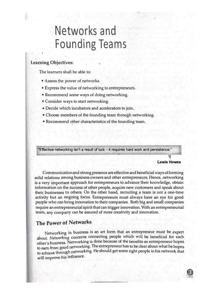 Lesson 11 Handout Networks and Founding Team | PDF
