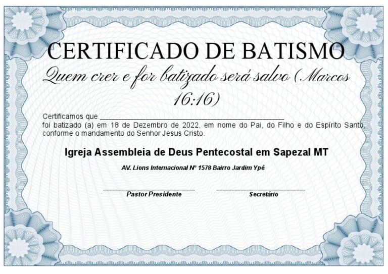 Certificado de Batismo Evangélico - Modelo 02 | PDF