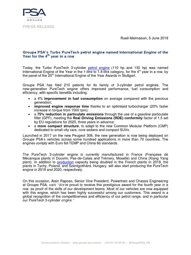 Groupe PSA S Turbo PureTech Petrol Engine Named International Engine of ...