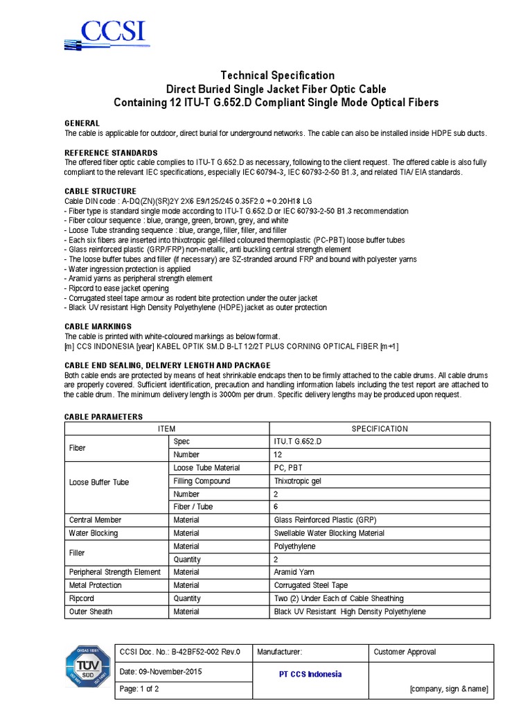 CCSI Buried SingleJacket 12 G 652 D DGK Rev0 | PDF | Optical Fiber | Wavelength Division ...