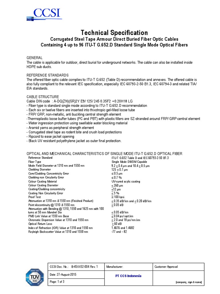 CCSI Standard Buried CSTA Cable Spec 4-96F G652D Rev1 | PDF