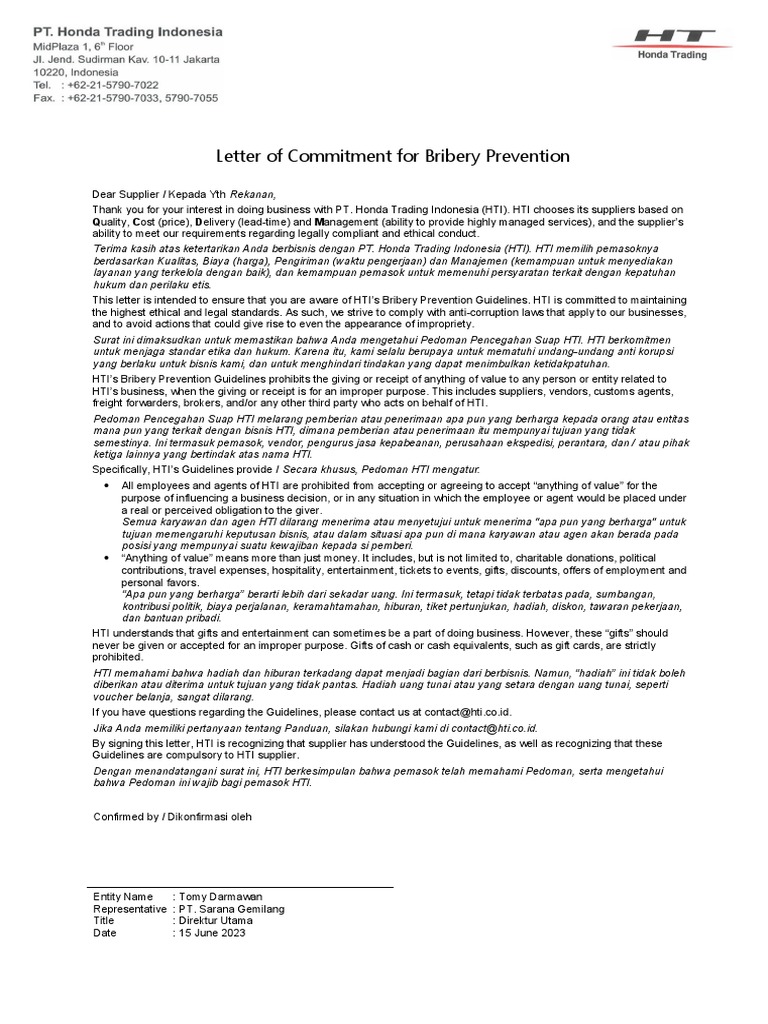 Letter of Commitment For Bribery Prevention | PDF