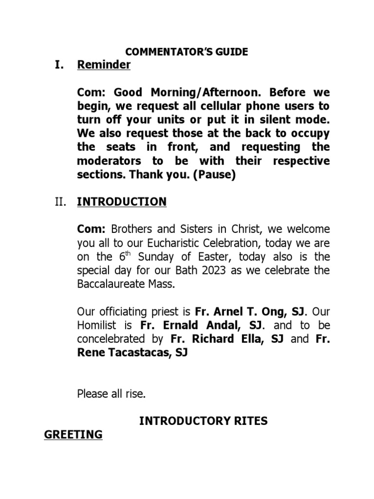 Commentator's Guide for Baccalaureate Mass | PDF | Eucharist | God The Father