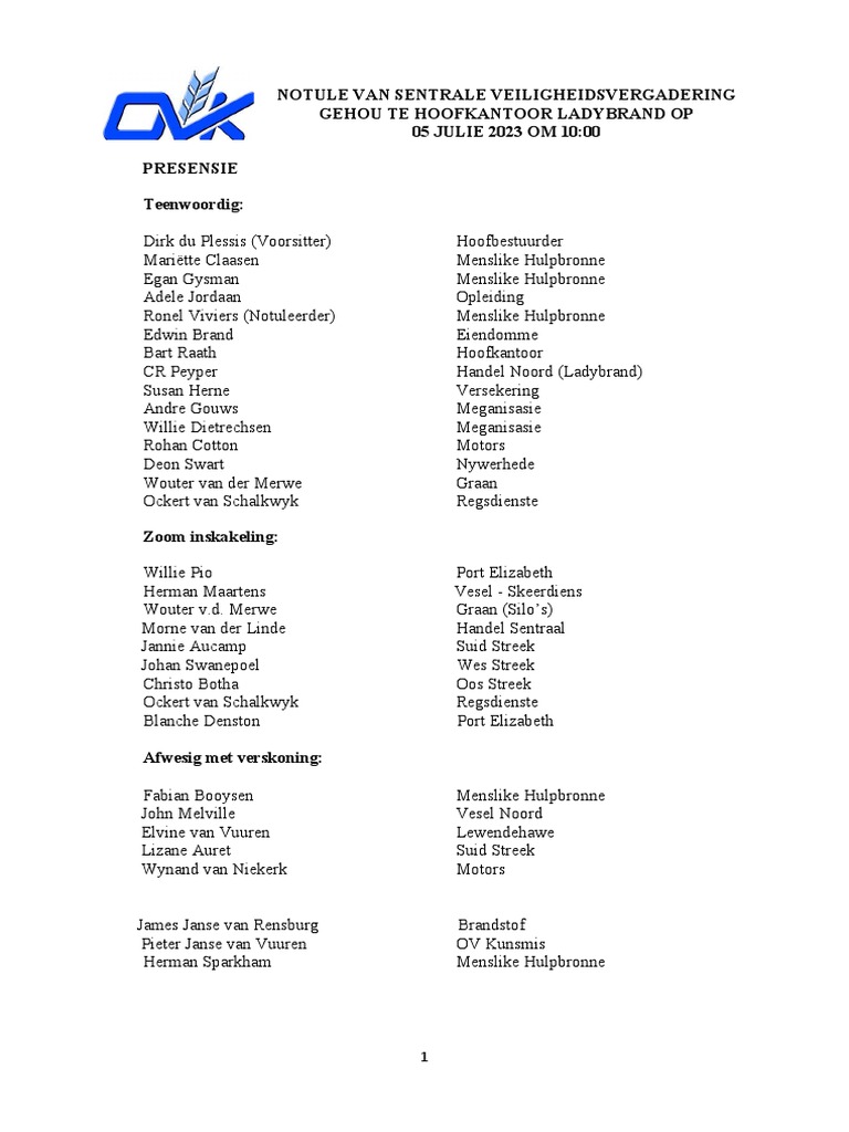 Veiligheid Notule 5 Julie 2023 | PDF