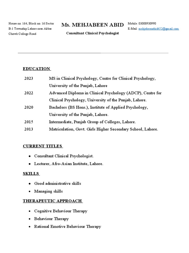 Curriculum Vitae (CV) | PDF | Clinical Psychology | Psychologist