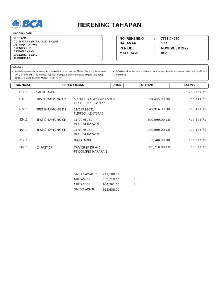 Rekening Koran BCA - November | PDF