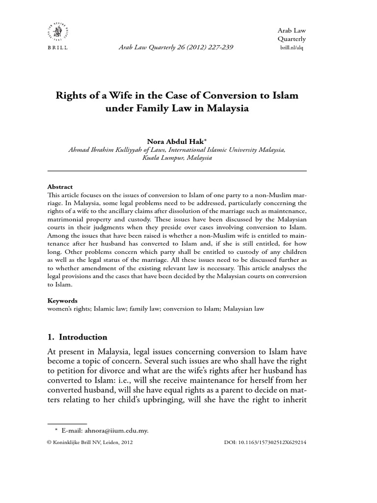 Rights Of A Wife In The Case Of Conversion To Islam Under Family Law In