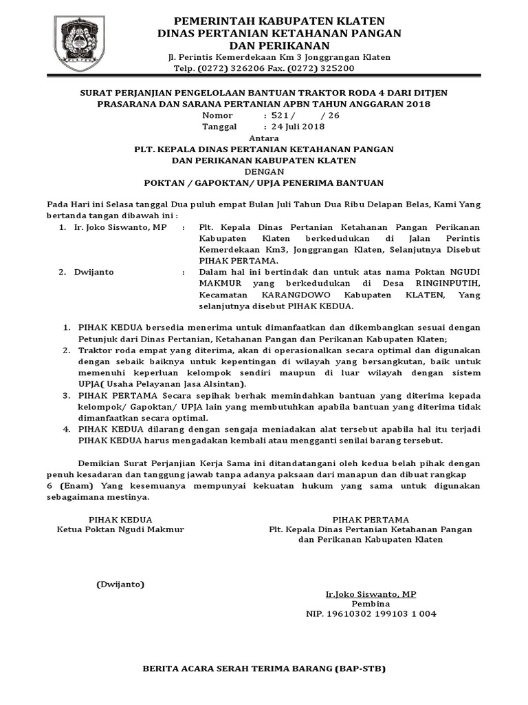 Surat Perjanjian Traktor Roda 4 | PDF