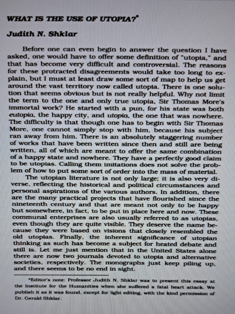 SHKLAR, J - 1994. Whats The Use of Utopia | PDF