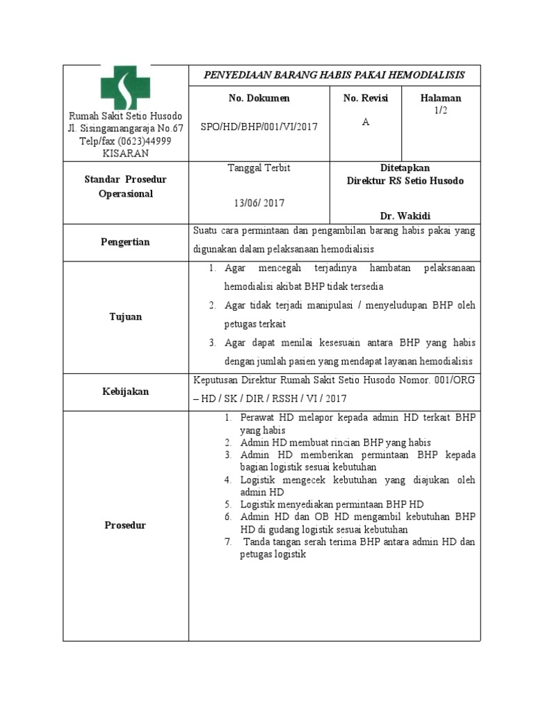 Prosedur BHP Hemodialisi | PDF