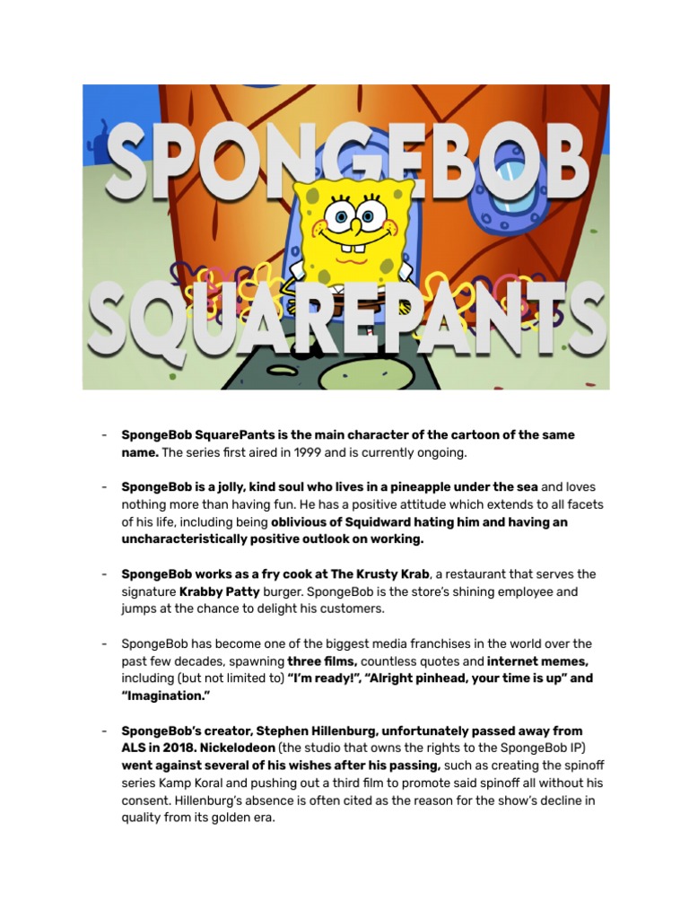 SpongeBob SquarePants Vs Captain Underpants - Character Summaries | PDF