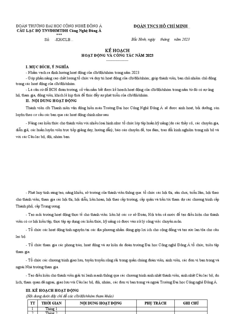 Bản Kế Hoạch CLB | PDF