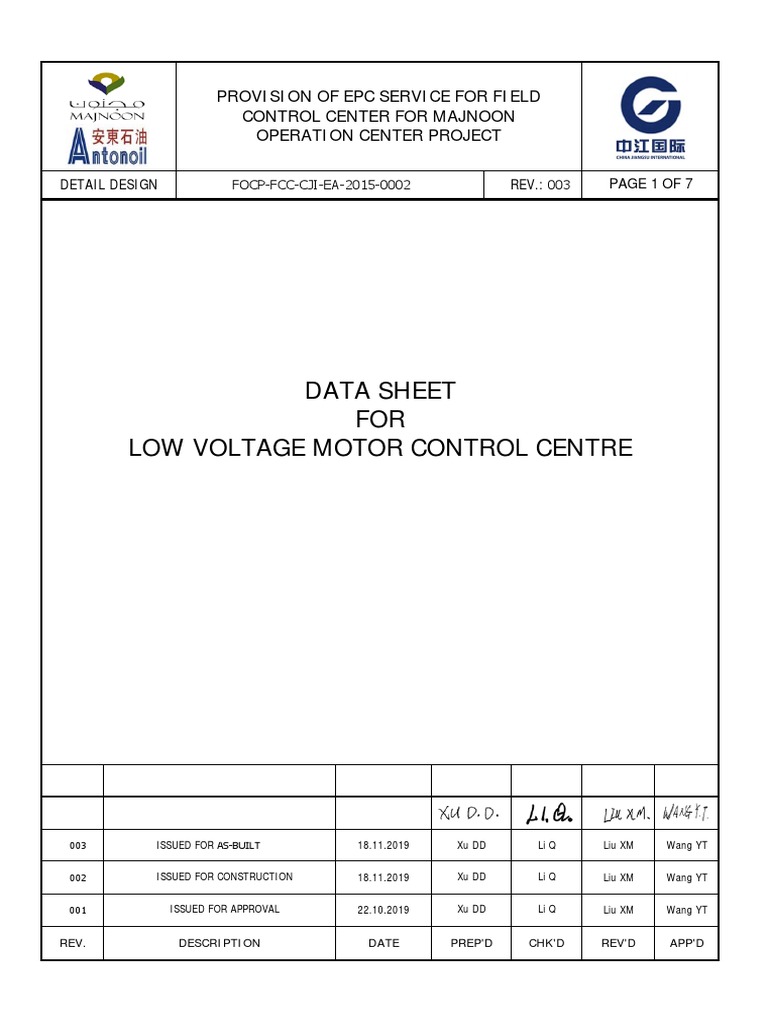 FOCP-FCC-CJI-EA-2015-0002-003 Data Sheet For Low Voltage Motor Control Centre | PDF ...