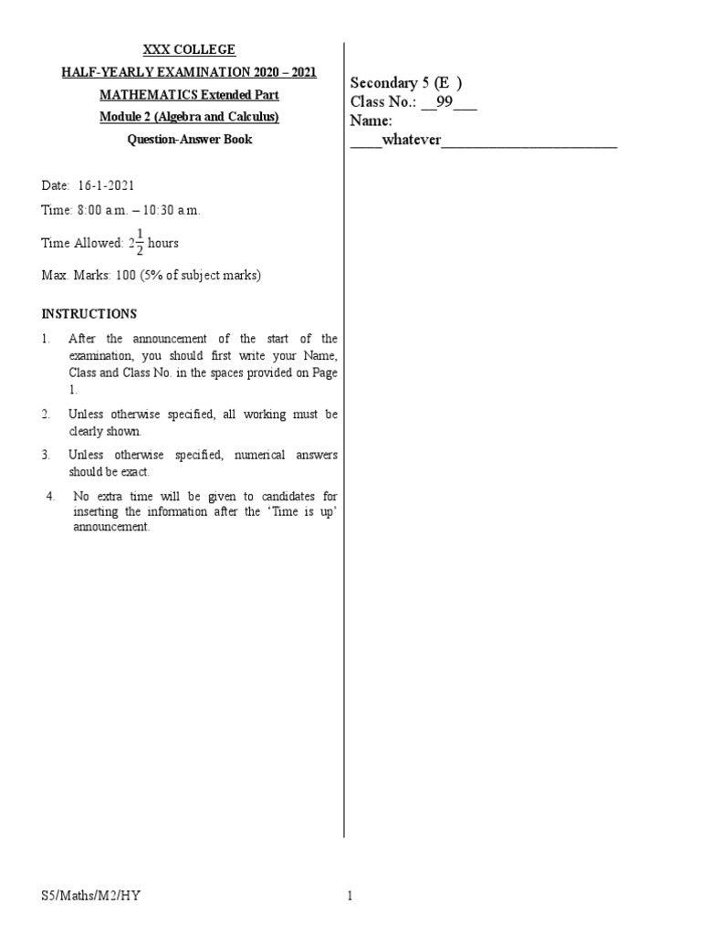 2020-2021 S5 - M2 - Half-Yearly Exam (With Marking Scheme) | PDF | Area ...