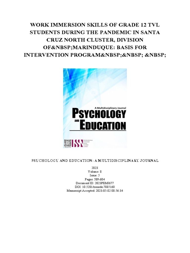 Work Immersion Skills of Grade 12 TVL Students During The Pandemic in Santa Cruz North Cluster ...