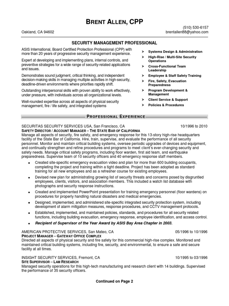 Physical Security Manager in San Francisco Bay CA Resume Brent Allen | Download Free PDF ...