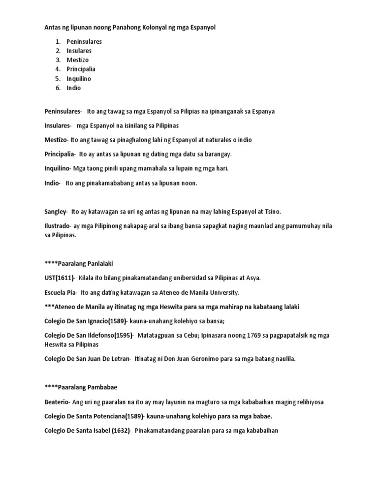Antas NG Lipunan Noong Panahong Kolonyal NG Mga Espanyol | PDF