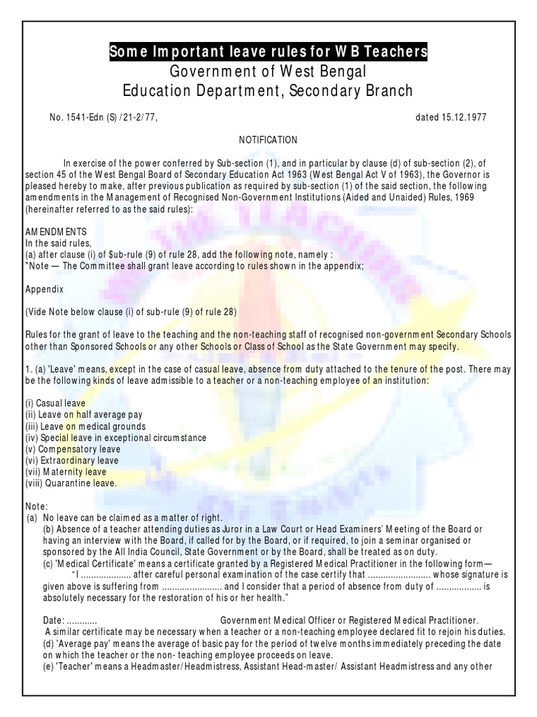 Some Important leave rules for WB Teachers | PDF | Teachers | Quarantine