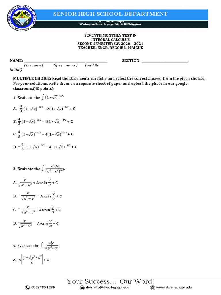 7th Monthly Test in Integral Calculus | PDF | Mathematical Analysis ...