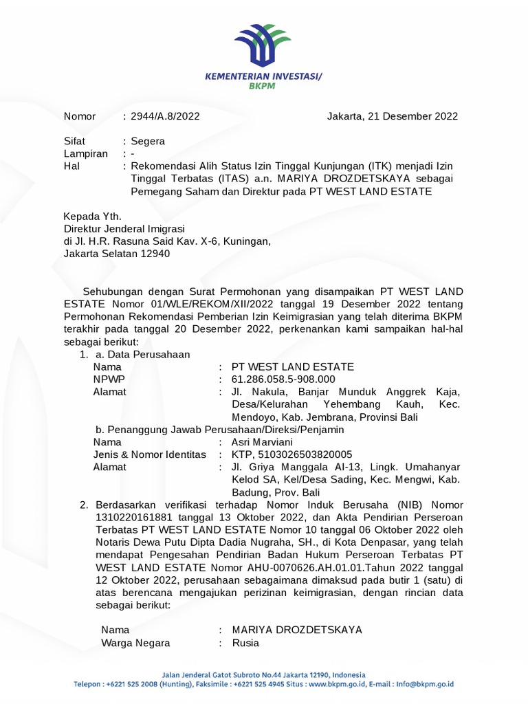 Contoh Surat Recom Kitas PT Wle - Mariya Drozdetskaya | PDF