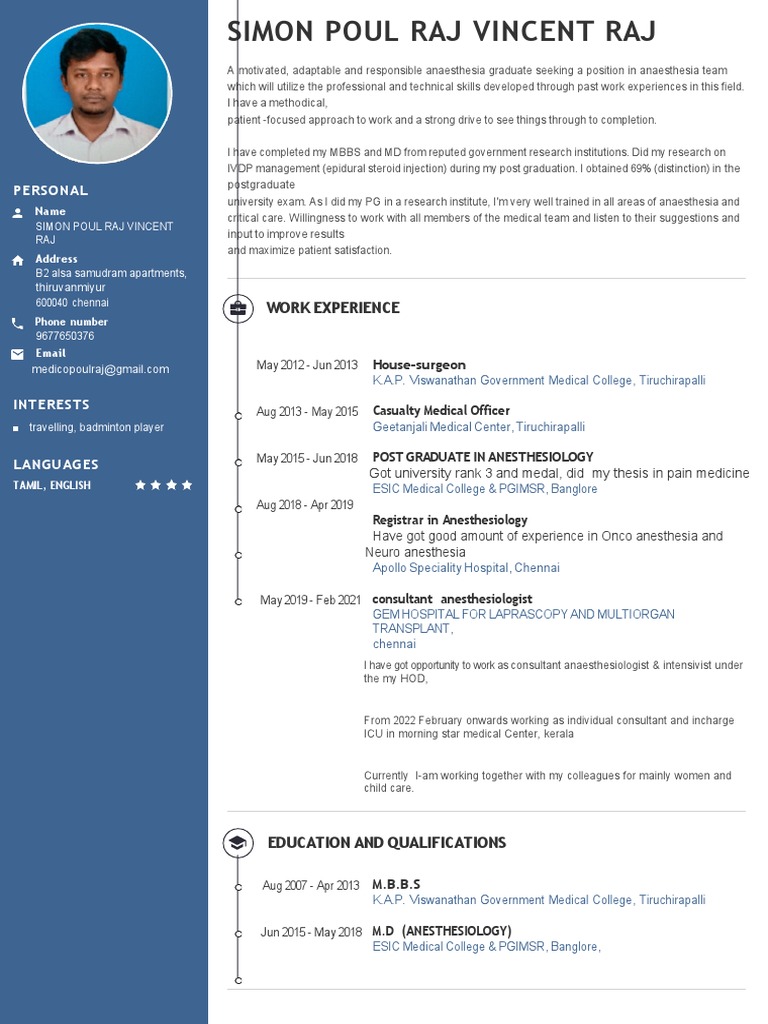 Anaesthesia Graduate CV: Simon Poul Raj | PDF | Health Sciences ...