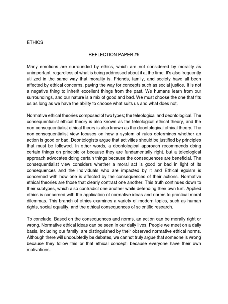Ethics Reflection 5 | PDF | Morality | Applied Ethics